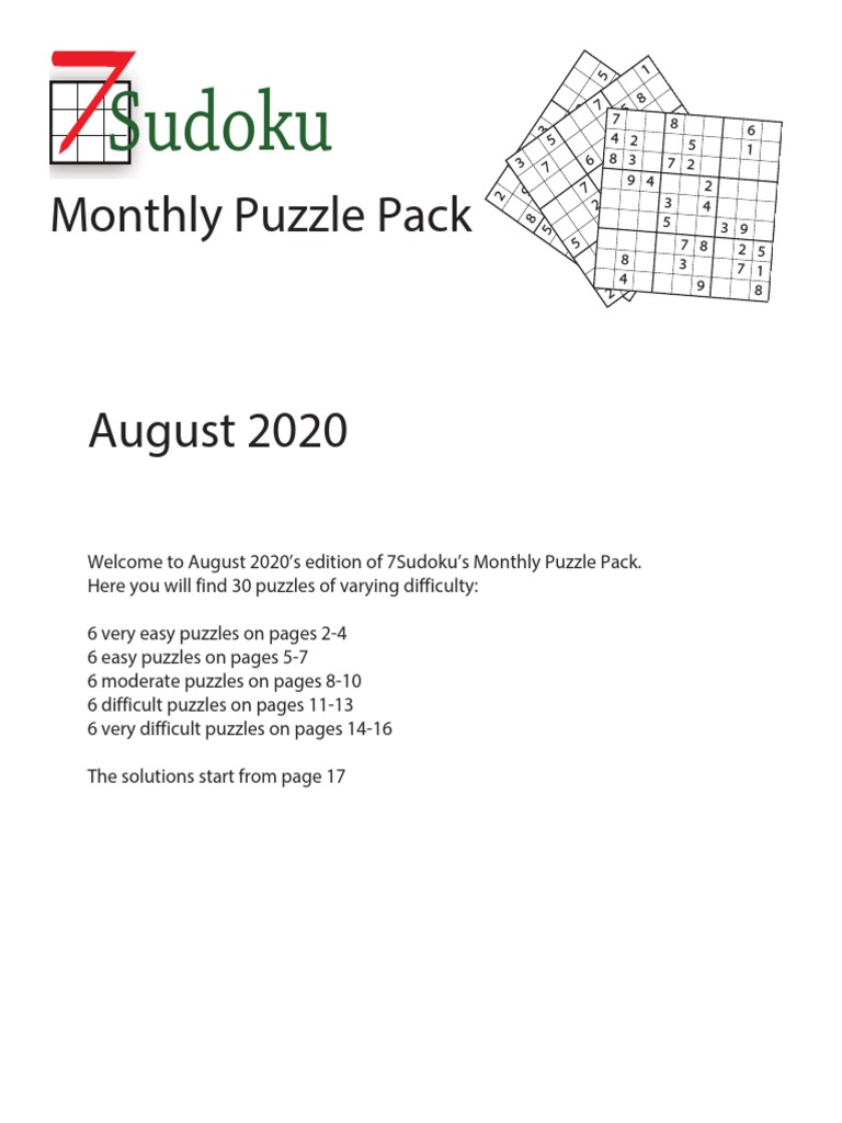 August 2020 Sudoku Puzzle Pack | PDF | Puzzles | Games Of Mental Skill