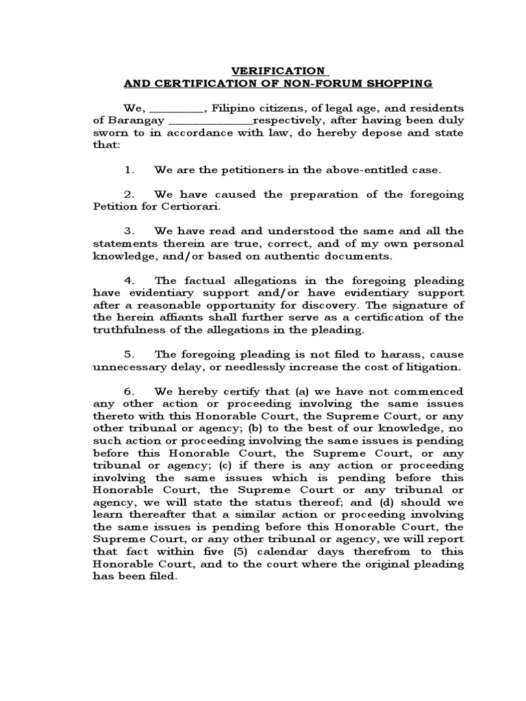 Verification and Certification of Petition | PDF | Affidavit | Pleading