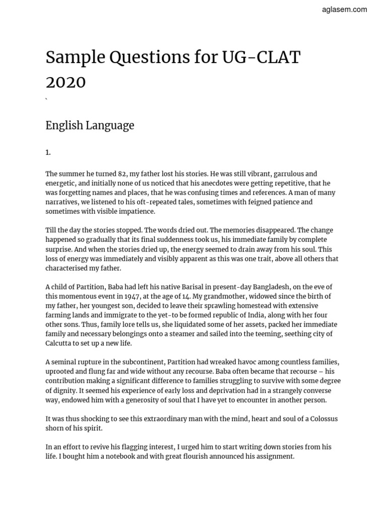 Sample Questions For UG-CLAT 2020: English Language | PDF