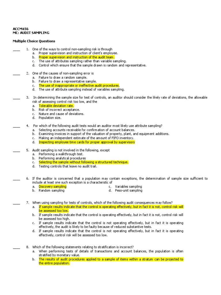 Audit Sampling Multiple Choice Questions | PDF | Audit | Sampling (Statistics)