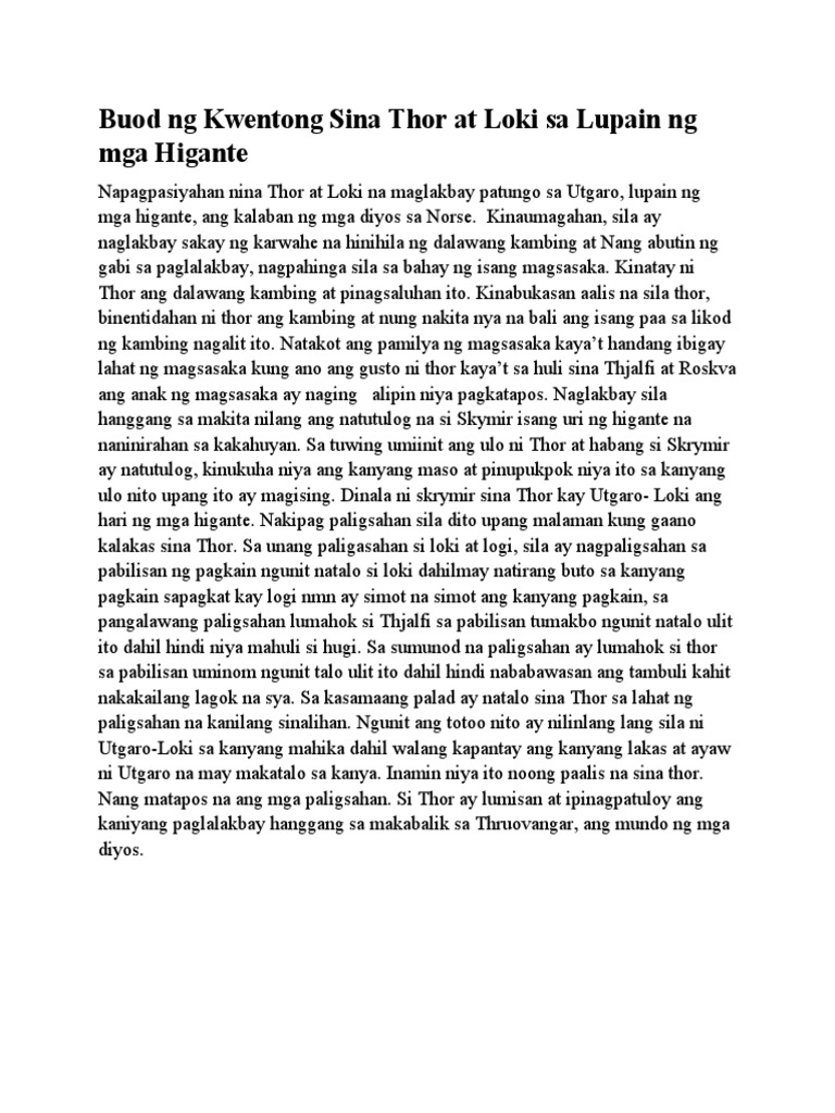 Buod NG Kwentong Sina Thor at Loki Sa Lupain NG Mga Higante | PDF