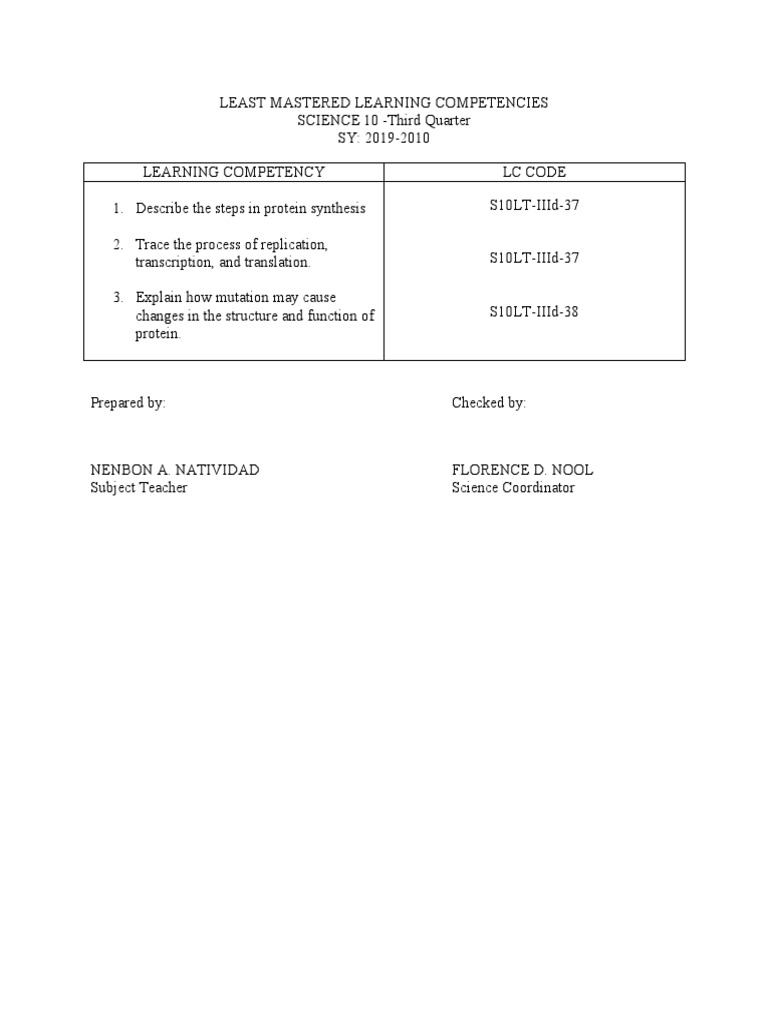 LEAST MASTERED LEARNING COMPETENCIES Science 10-Third Quarter | PDF