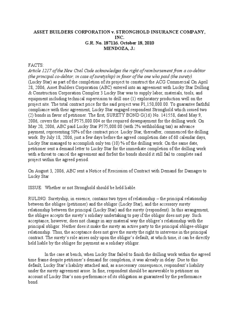 ASSET BUILDERS CORPORATION v. STRONGHOLD INSURANCE COMPANY, INC. | PDF ...