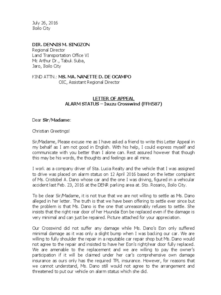 Letter Appeal LTO Alarm Status | Download Free PDF | Justice | Crime ...