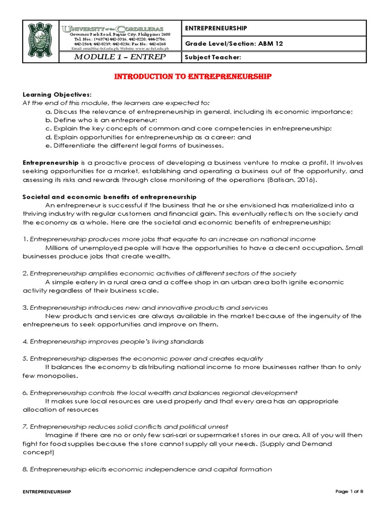 Entrep Module 1 Intro To Entrep | PDF