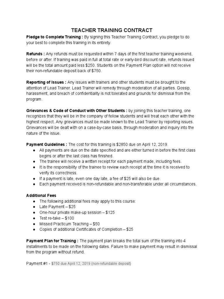 Teacher Training Contract: $750 Due April 12, 2019 (Non-Refundable ...