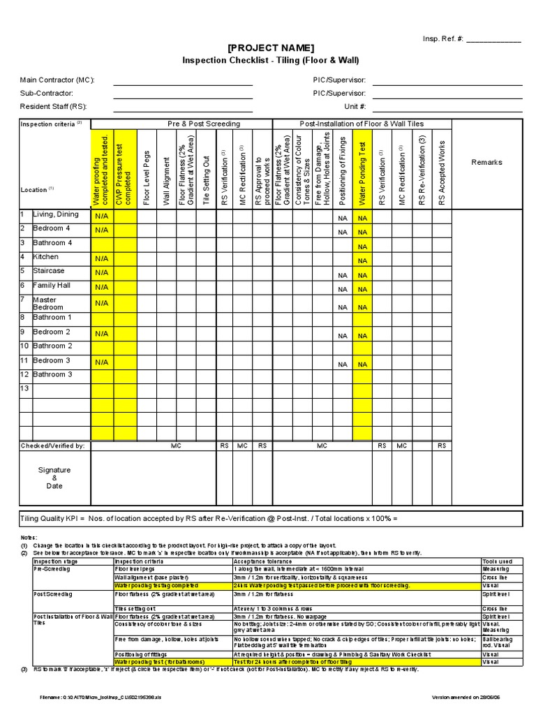 (Project Name) : Inspection Checklist - Tiling (Floor & Wall ...