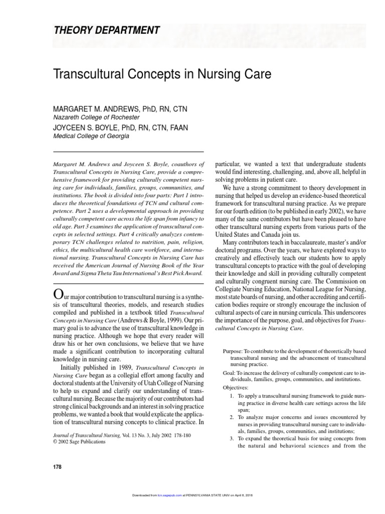 Transcultural Concepts in Nursing Care: Theory Department | PDF ...