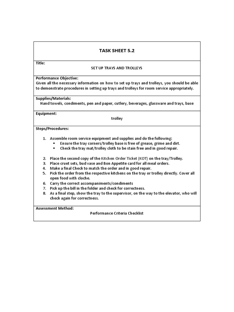 Task Sheet 5.2 - Set Up Trays and Trolleys | PDF