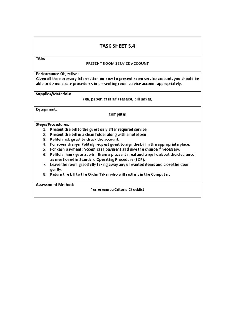 Task Sheet 5.4 - Present Room Service Account