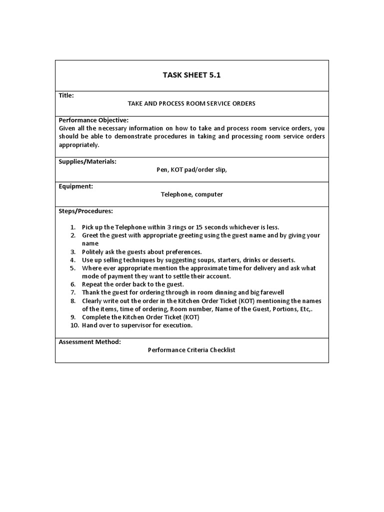 Room Service Order Taking Procedures | PDF | Business | Cognition