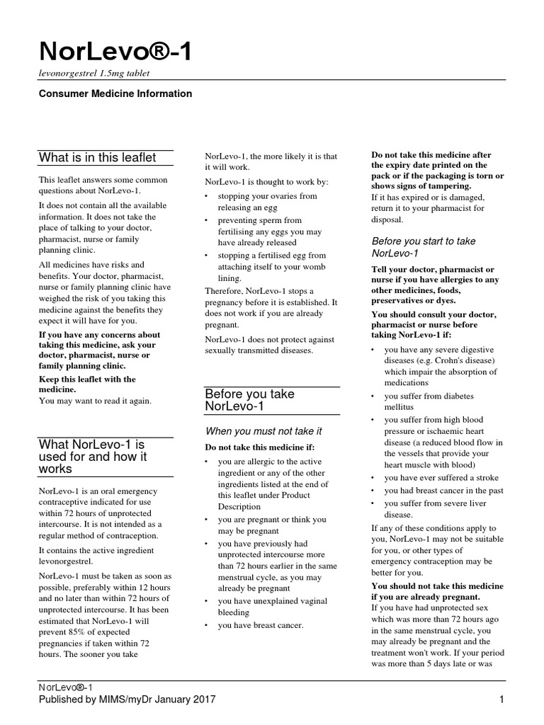 Norlevo®-1: What Is in This Leaflet | PDF | Pregnancy | Breastfeeding