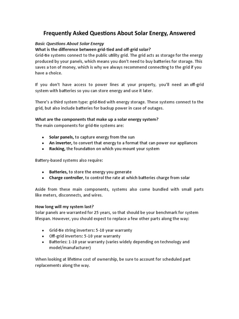Solar Energy FAQs: Systems & Investment | PDF | Electrical Grid | Solar ...