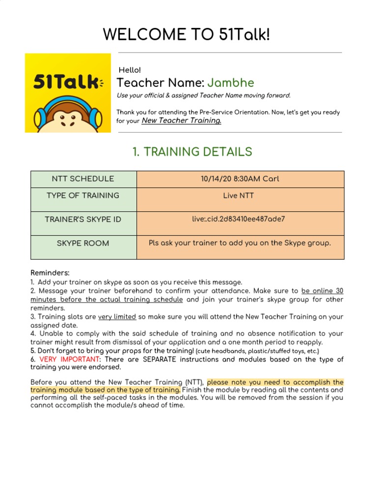 51talk Training Reminders (Self-Access NTT + Live NTT) PDF | PDF ...