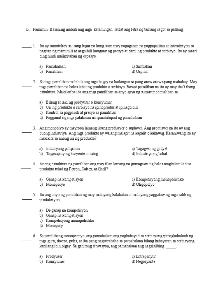 Ekonomiks Grade 9 (Third Period) | PDF
