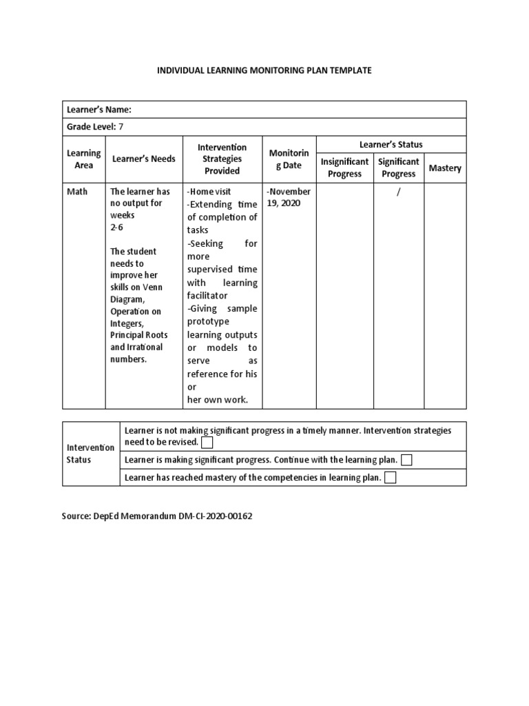Individual Learning Monitoring Plan Sample | PDF