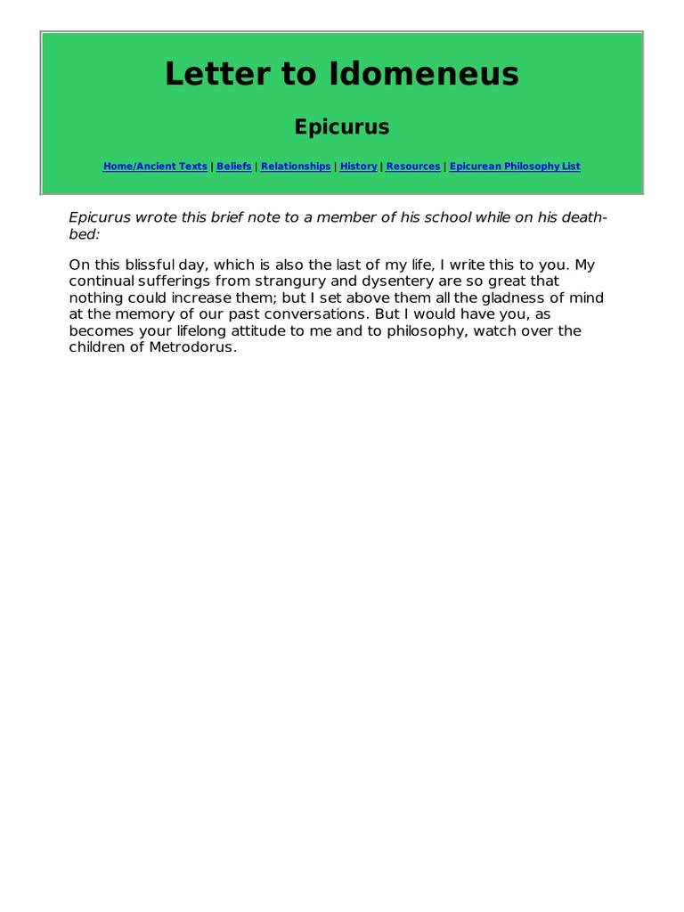 Epicurus - Letter To Idomeneus PDF | PDF