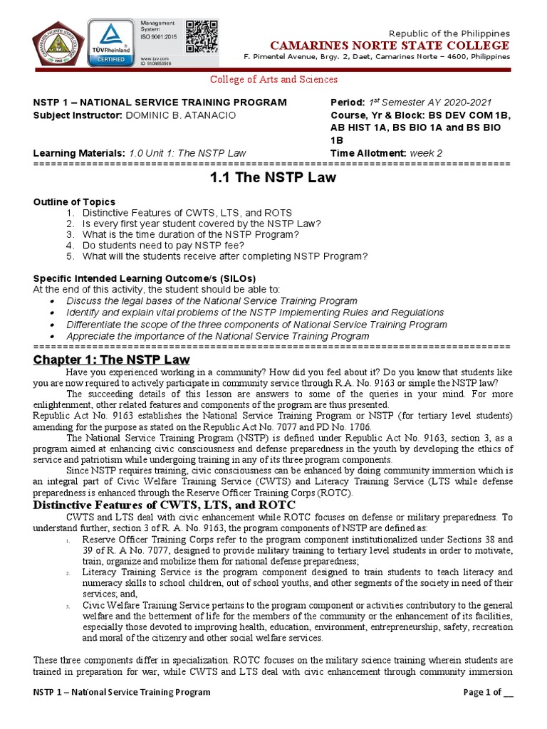 Understanding the National Service Training Program (NSTP): A Summary ...