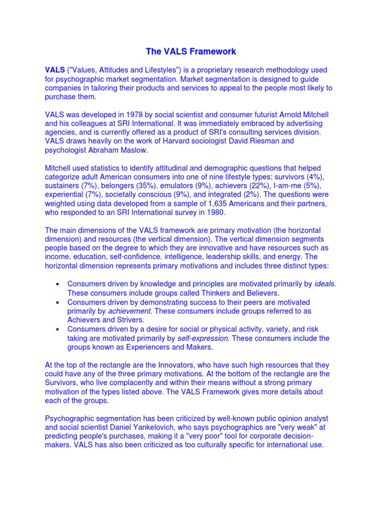 The VALS Framework | PDF | Psychology | Psychological Concepts