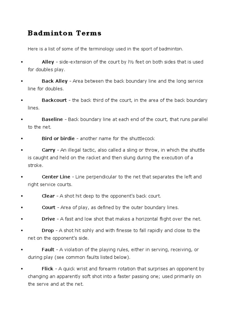 Badminton Terms | PDF | Ball Games | Team Sports
