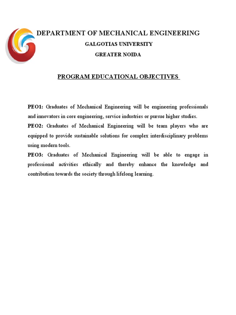 Department of Mechanical Engineering: Program Educational Objectives | PDF