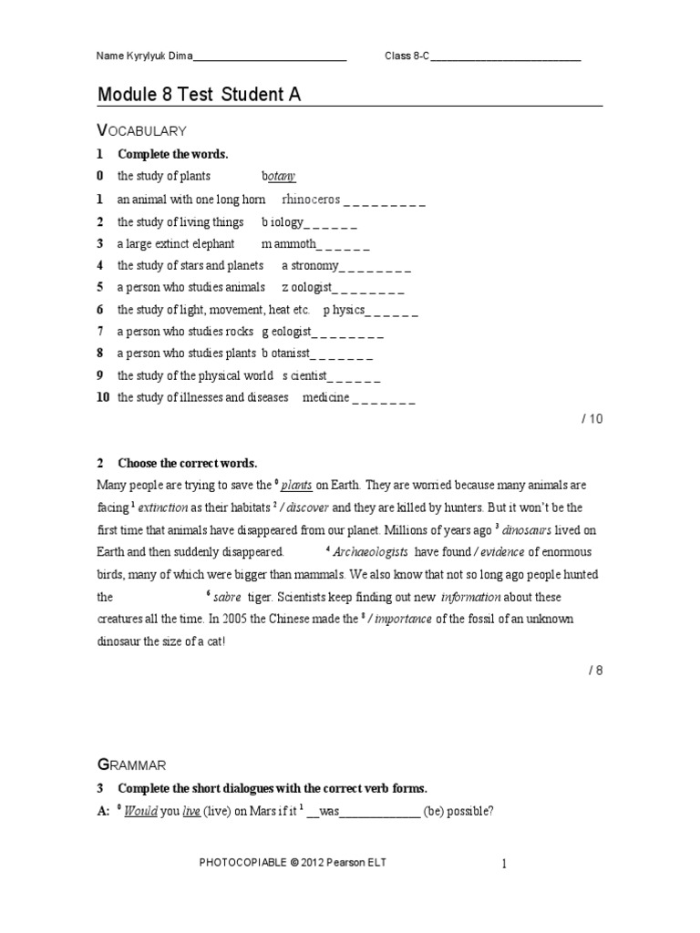 Module 8 Test Student A: 1 Complete The Words. 0 1 2 3 4 5 6 7 8 9 10 ...