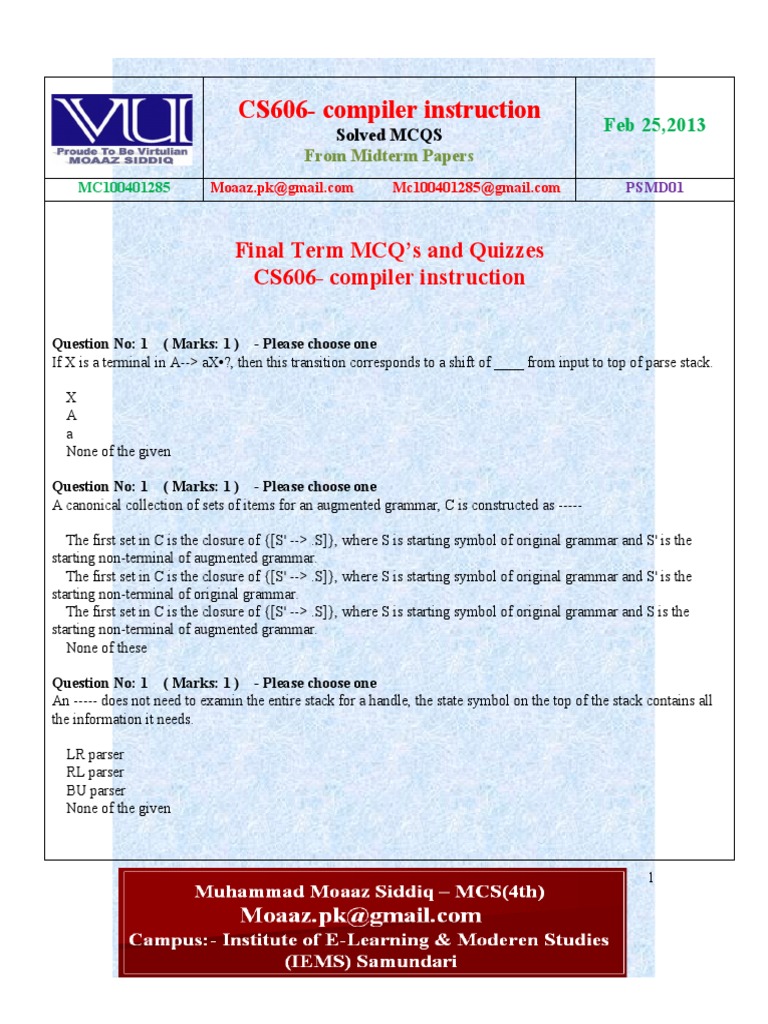 Final Term MCQ's and Quizzes CS606-compiler Instruction | PDF | Parsing | Computer Science