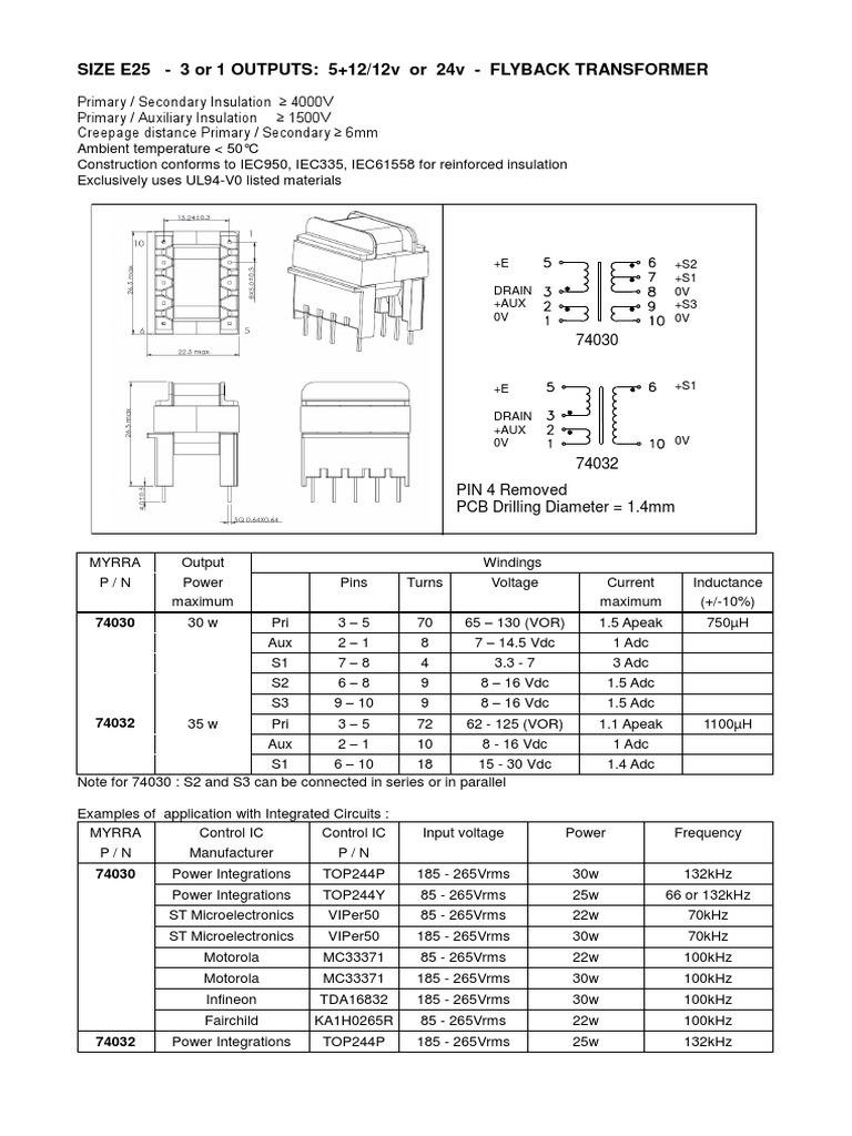 Size E25 - 3 or 1 Outputs: 5+12/12V or 24V - Flyback Transformer | PDF ...