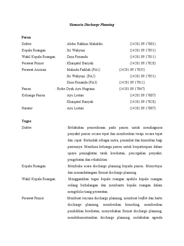 Contoh Skenario Discharge Planning | PDF