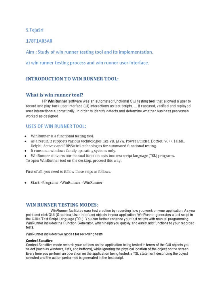 S.Tejasri 178T1A05A0 Aim: Study of Win Runner Testing Tool and Its ...