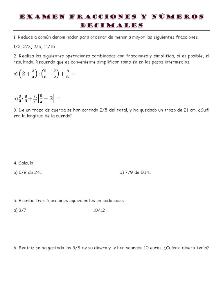 Examen de Fracciones y Decimales | PDF | Métodos y materiales de ...