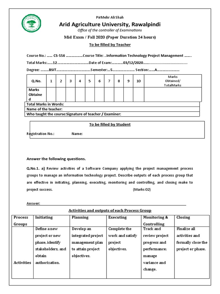 Mid Term Exam ITPM PMAS-AAUR BSIT 5 Solution | PDF | Business | Economies