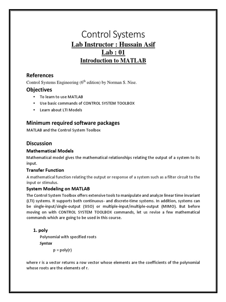Control Systems: Lab Instructor: Hussain Asif Lab: 01 | PDF ...