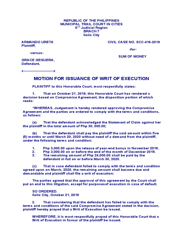 Motion For Writ of Execution | Download Free PDF | Separation Of Powers ...