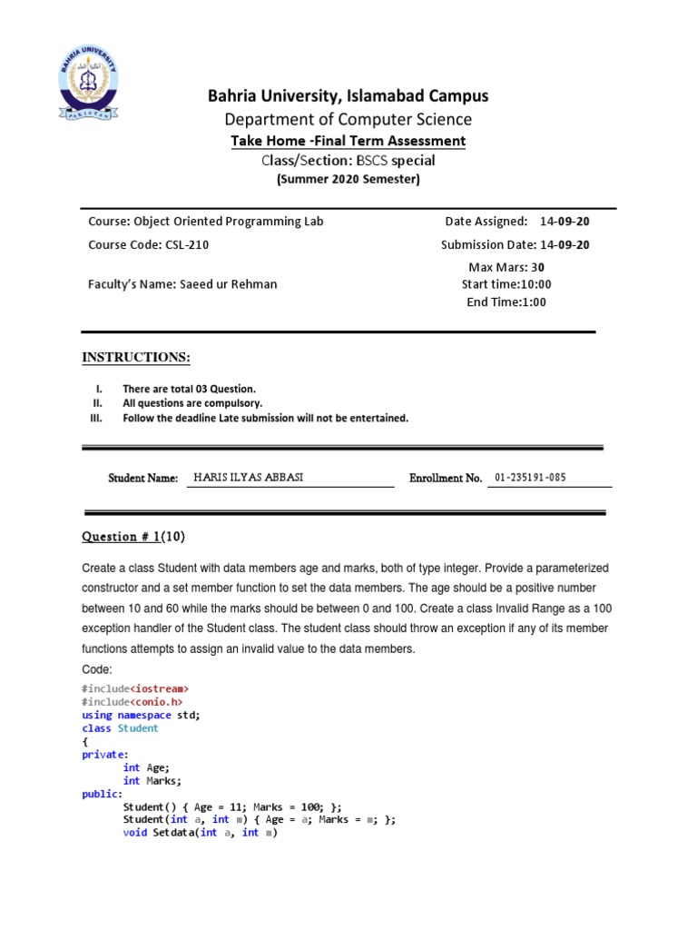 Final-Paper-HARIS ABBASI 085 | PDF | Integer (Computer Science) | Inheritance (Object Oriented ...