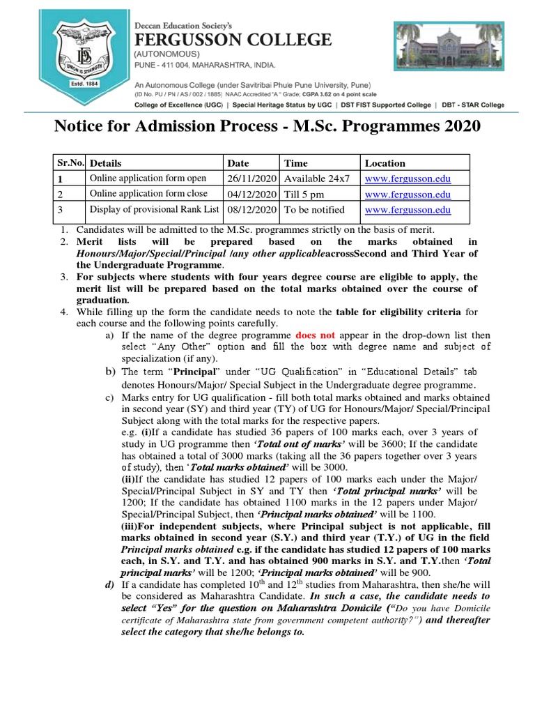 Notice For Admission Process - M.Sc. Programmes 2020 | PDF ...