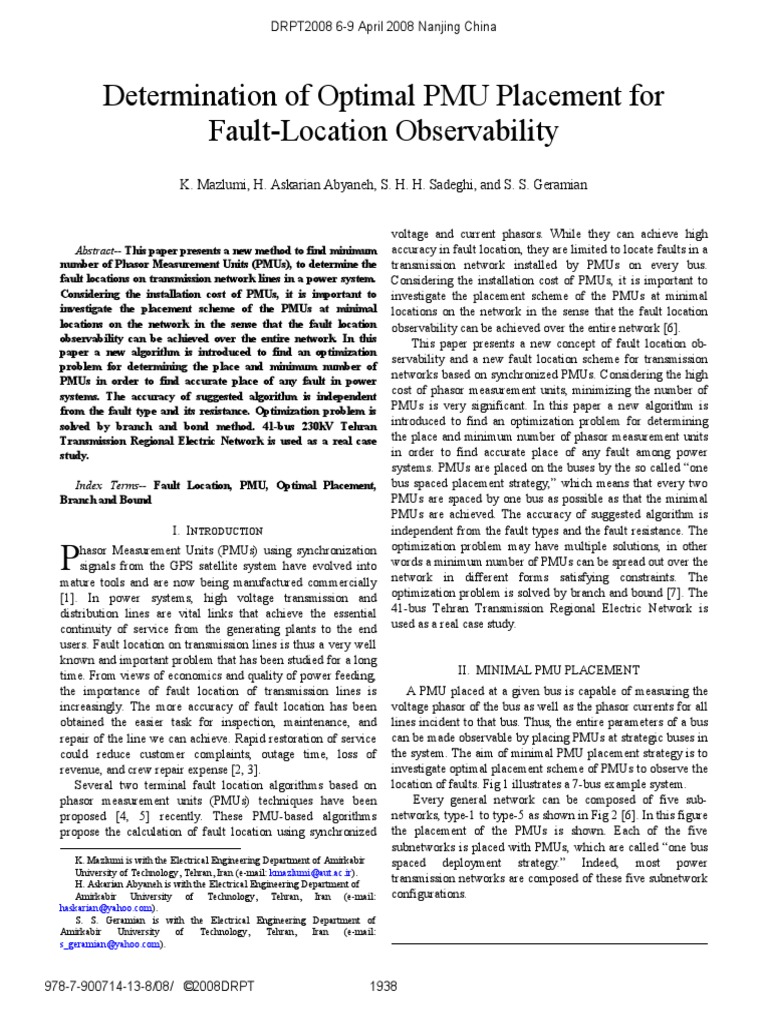 Determination of Optimal PMU Placement For Fault-Location Observability | Download Free PDF ...