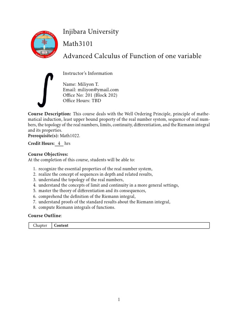 (Advanced Calc One Variable) Syllabus | PDF | Continuous Function | Real Number