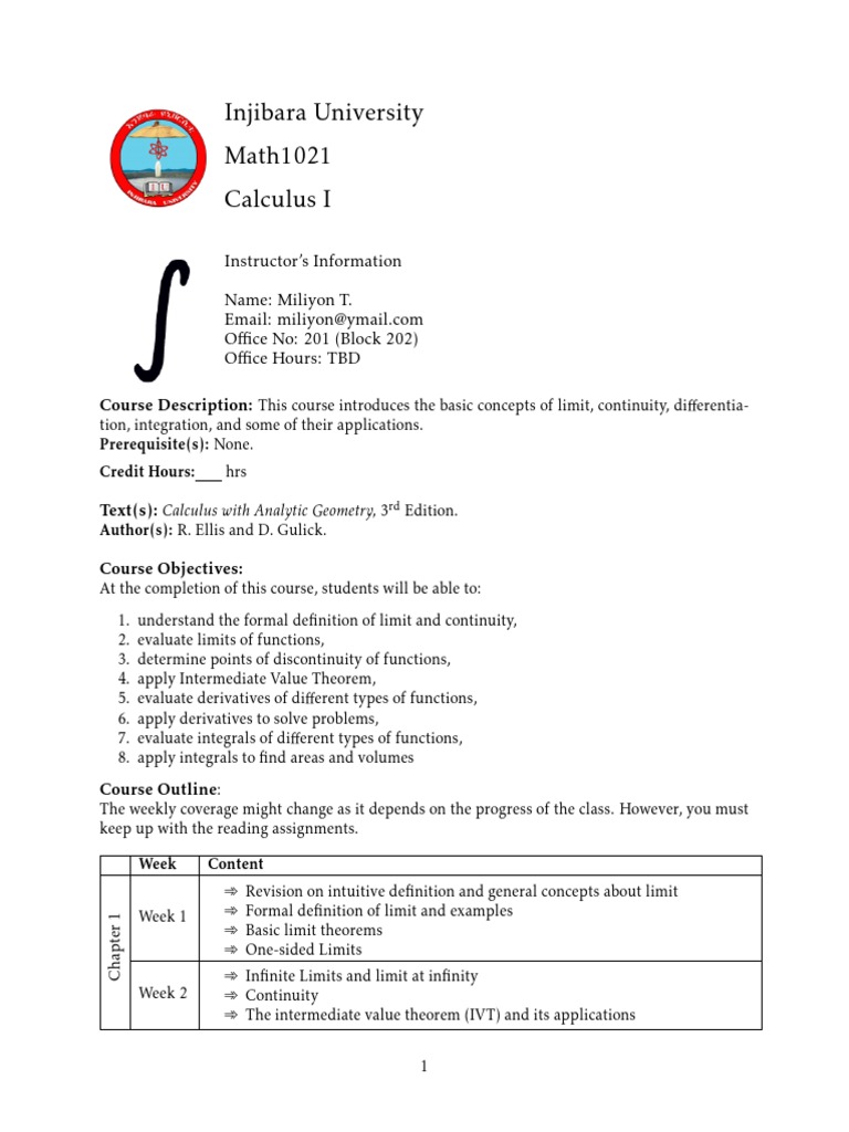 Calculus I Syllabus | PDF | Integral | Calculus