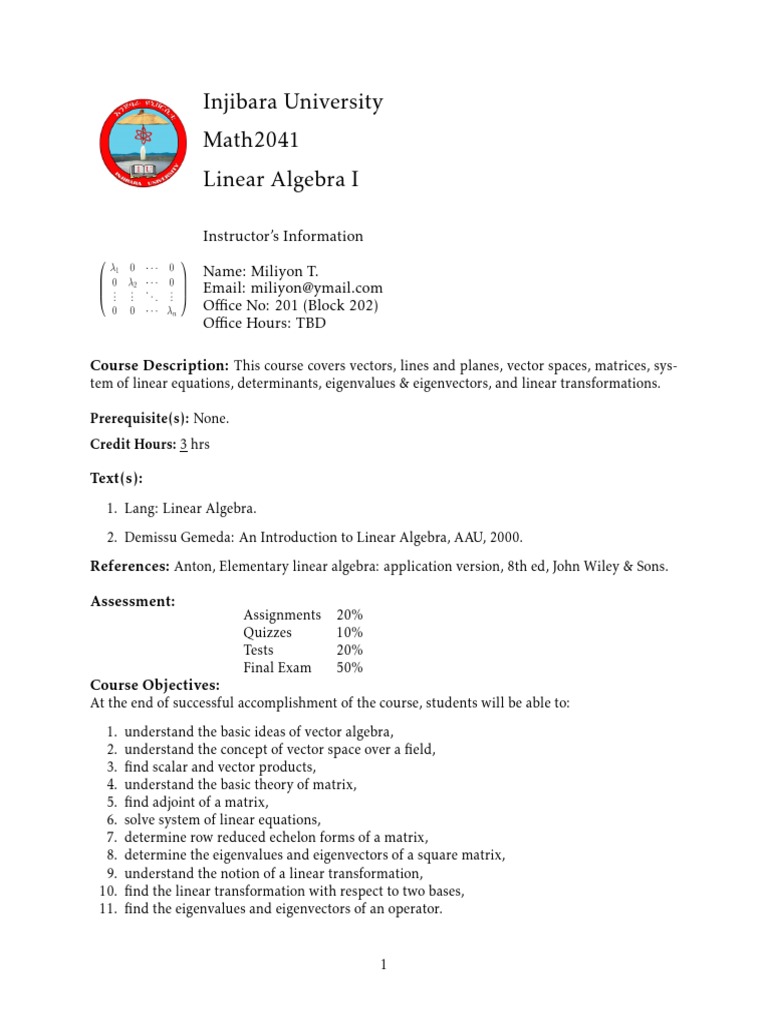 Linear Algebra I Syllabus | PDF | Matrix (Mathematics) | Linear Algebra