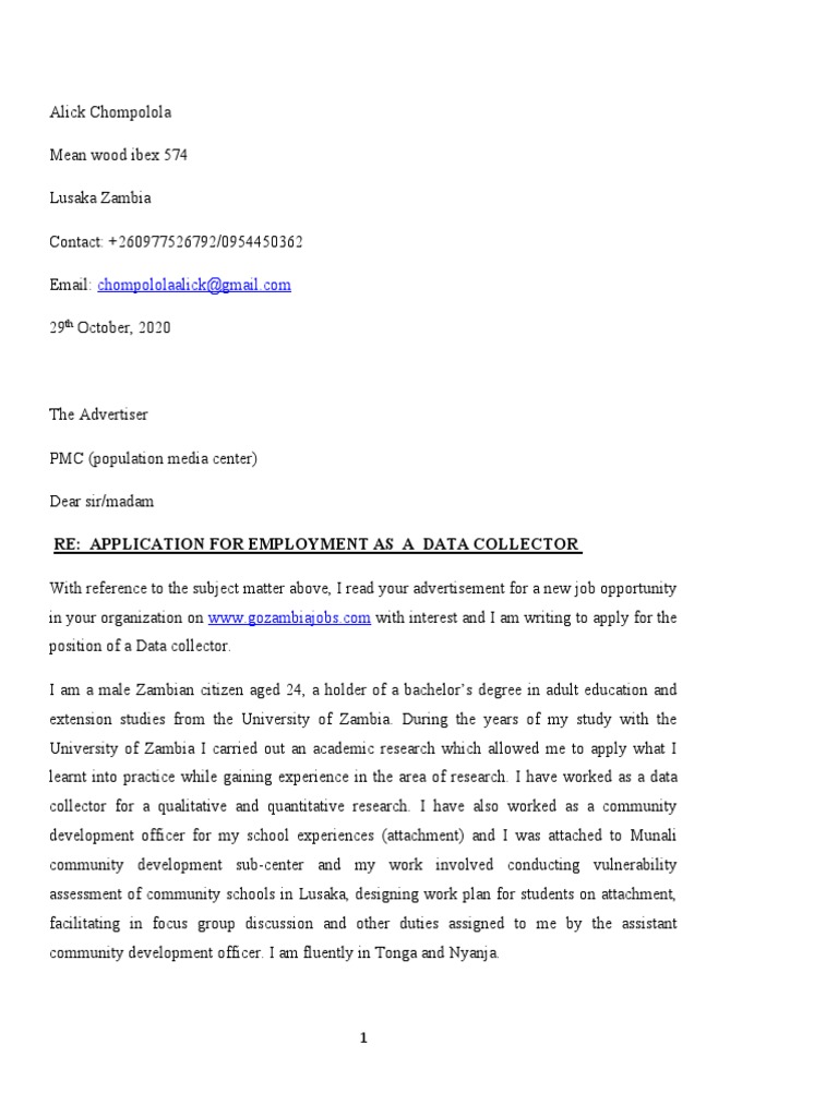 ALICK CHOMPOLOLA - PMC Data Collection Application Letter | PDF ...