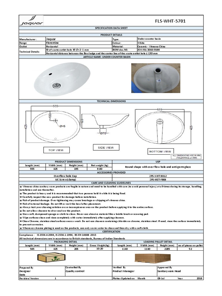 Jaquar Florentine Under Counter Basin | PDF | Pallet | Sink