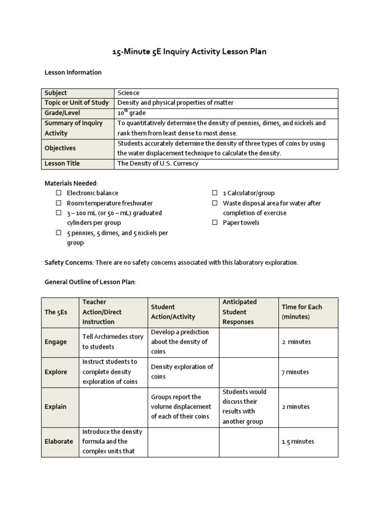 15-Minute 5E Inquiry Activity Lesson Plan | Download Free PDF | Coins ...