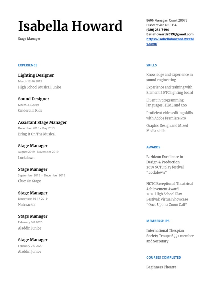 Stage Manager Resume 1 | PDF | Theatre | Communication