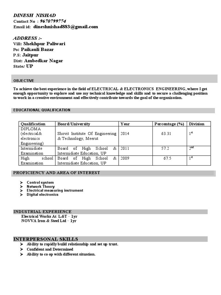 Dinesh Nishad's Electrical Engineering CV | PDF