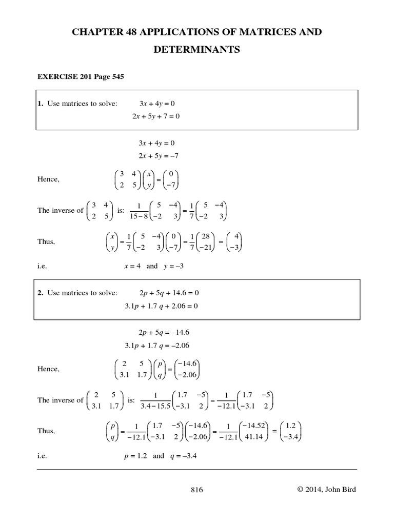 Chapter 48 Applications of Matrices and Determinants: EXERCISE 201 Page ...