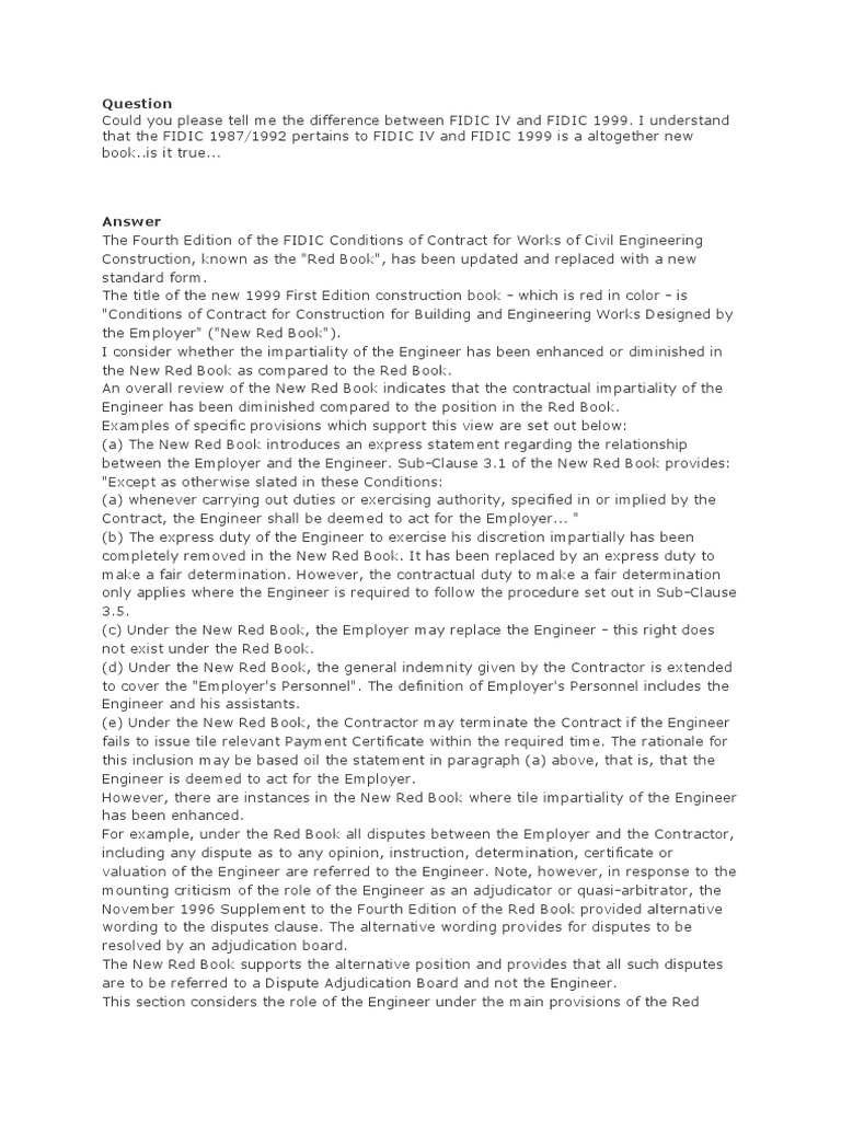A Comprehensive Comparison of the Role of the Engineer Under FIDIC IV ...