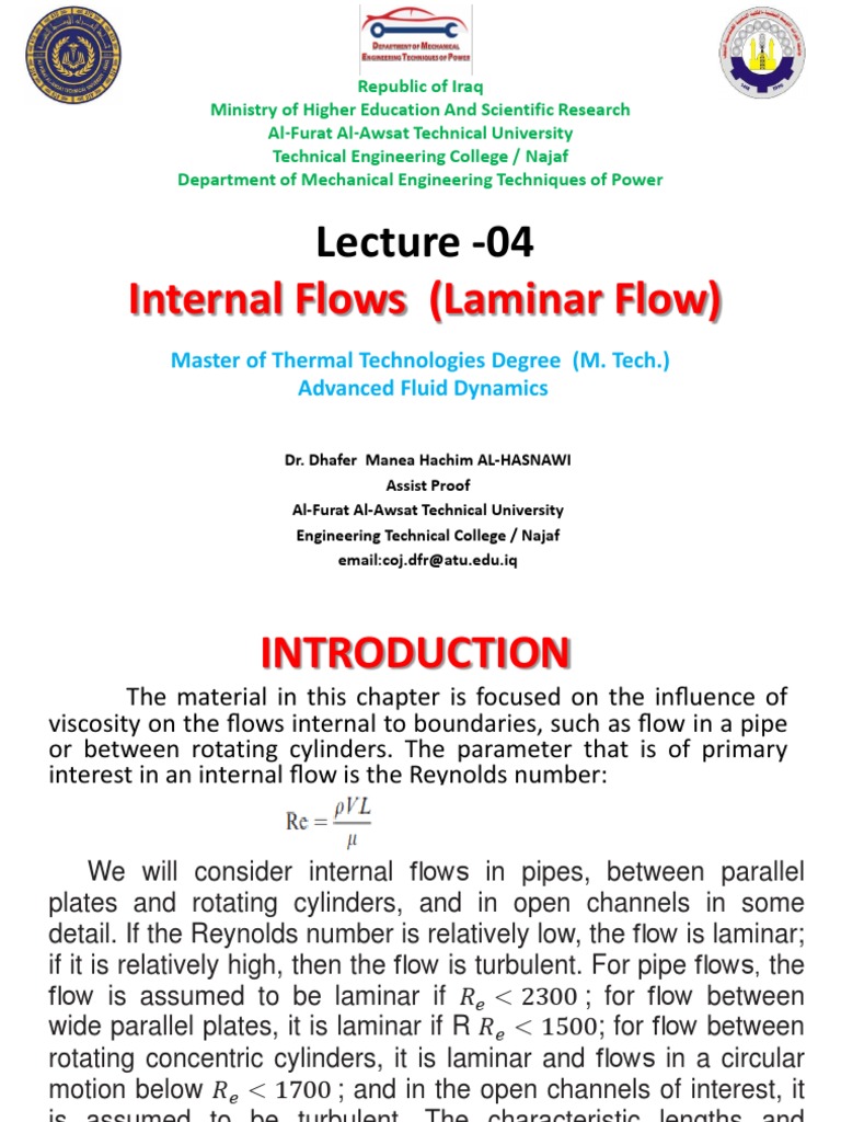 Internal Flows (Laminar Flow) : Lecture - 04 | PDF | Fluid Dynamics | Reynolds Number