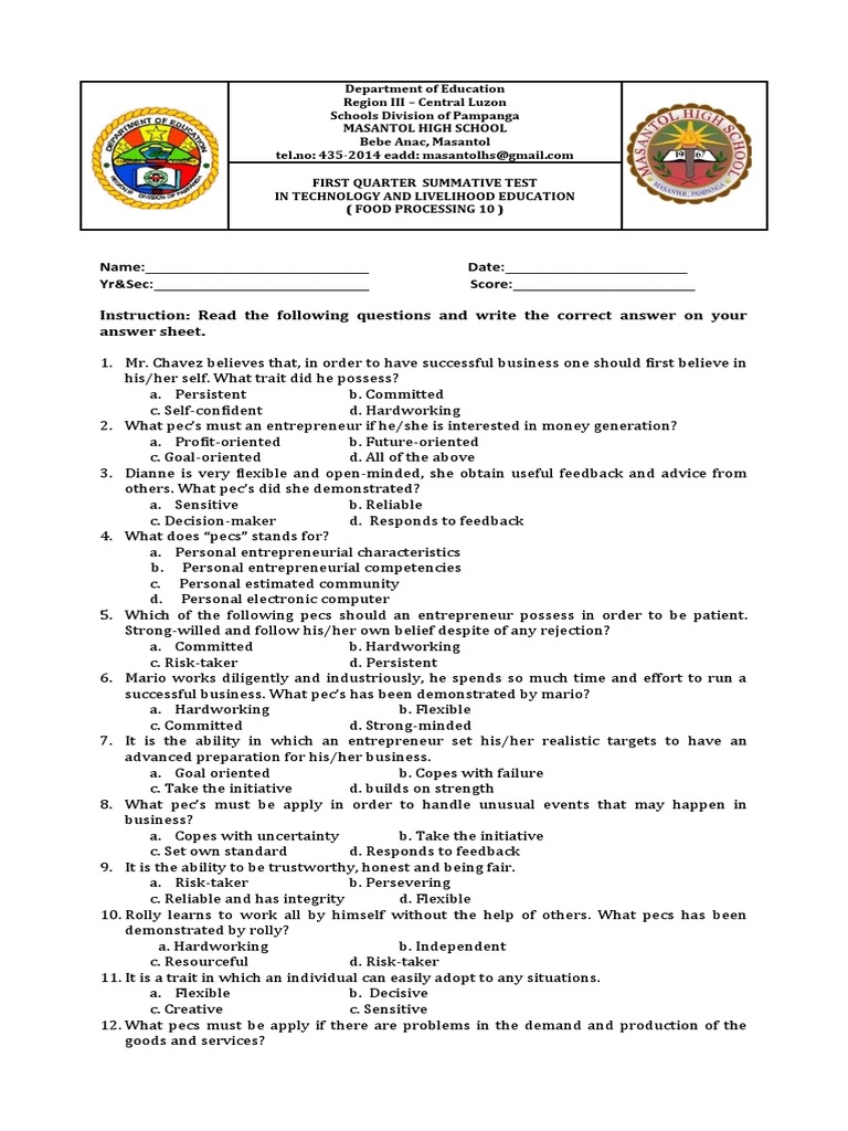 Food Processing 10 Summative Test | PDF | Entrepreneurship | Cognition