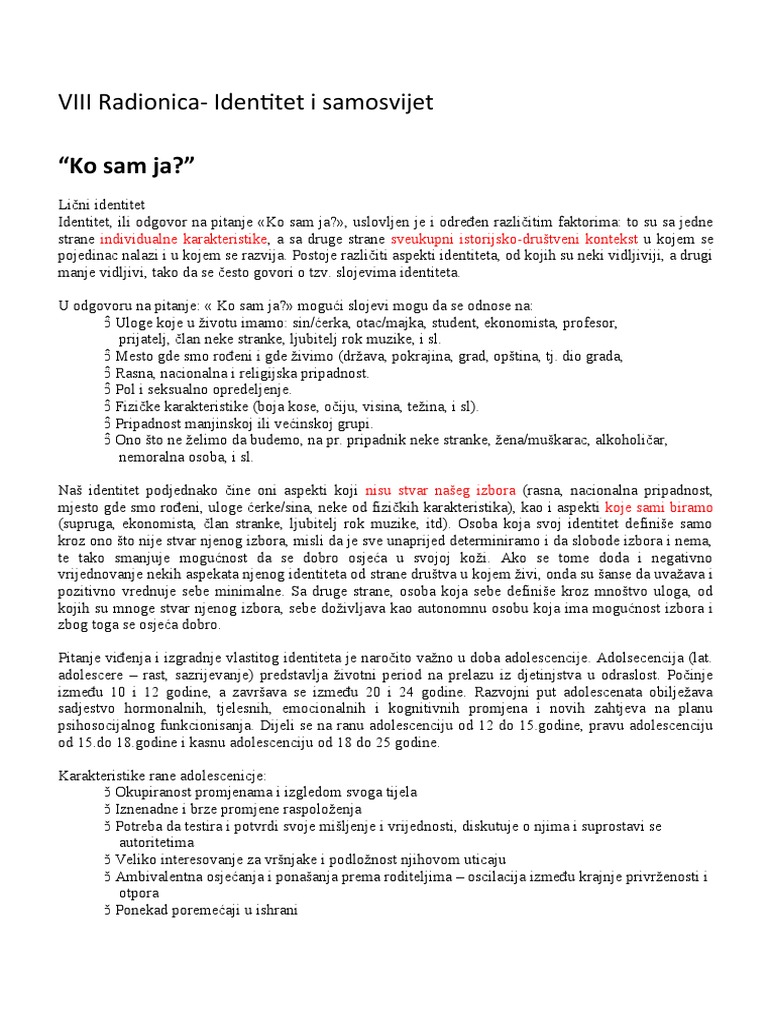 Osma Radionica - Samosvijest - Ko Sam Ja | PDF
